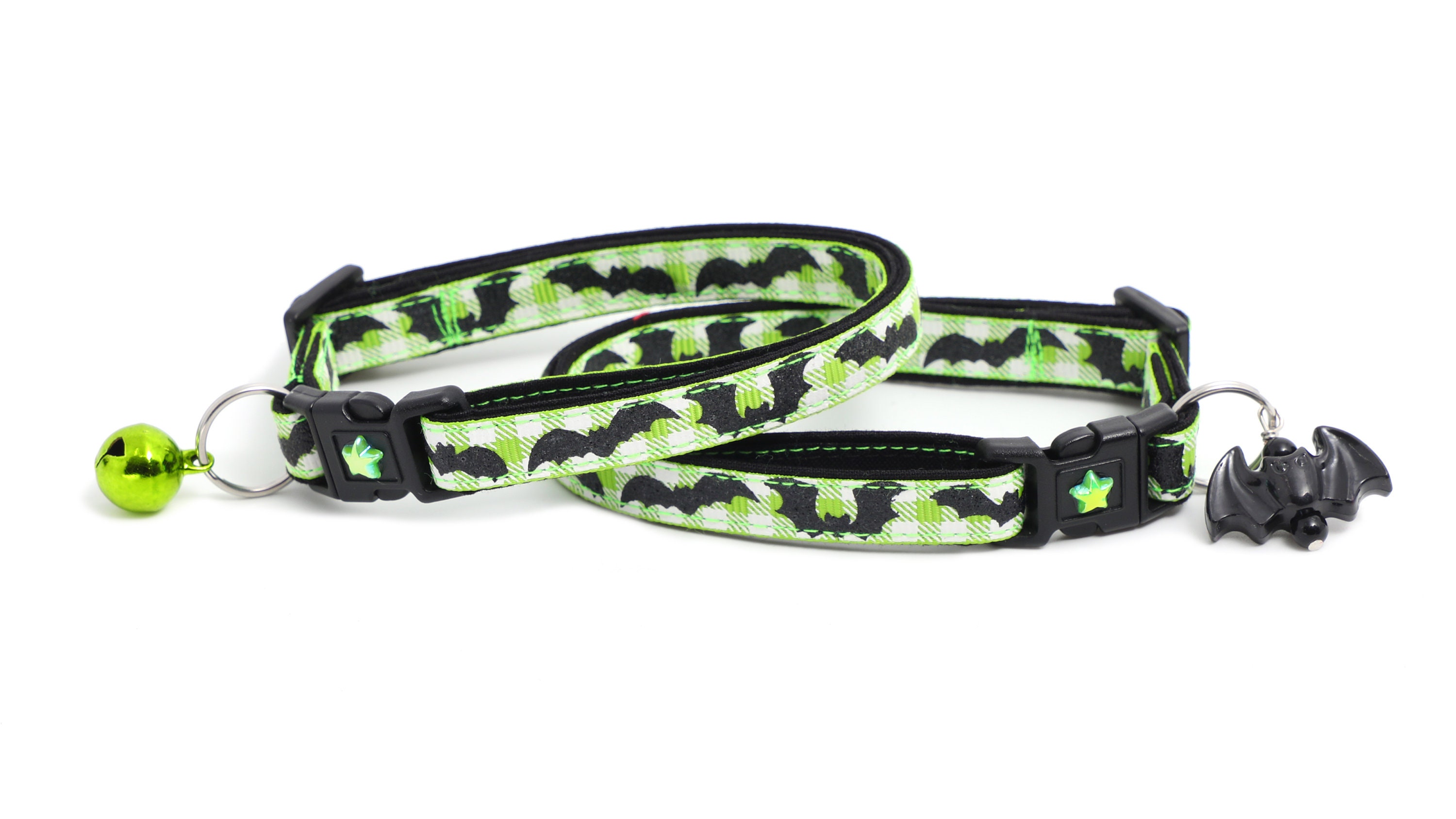 Halloween Cat Collar - Glitter Bats on Green Plaid - Kitten or Large ...