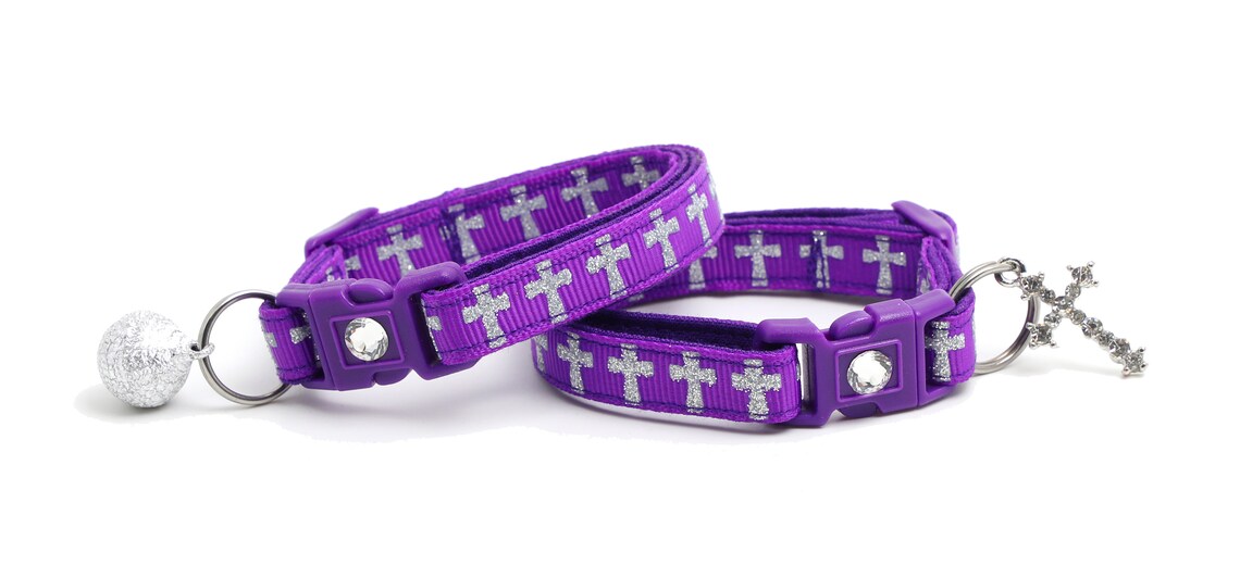 Christian Cat Collar Silver Crosses on Purple Small Cat / | Etsy