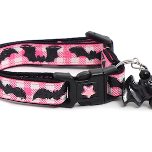 Halloween Cat Collar - Glitter Bats on Pink Plaid - Kitten or Large ...