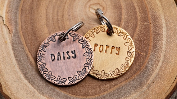 Flower Pet ID tag Daisy Dog Name Tag Floral Stamped Cat | Etsy