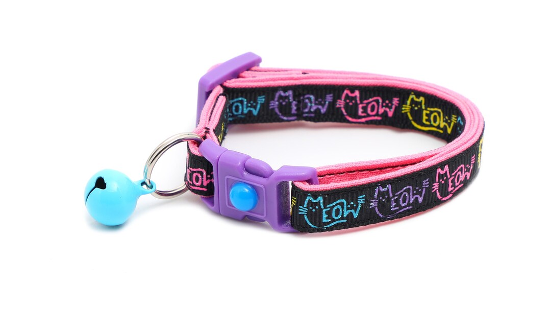 Meow Cat Collar - Colorful Meow on Black - Breakaway Cat Collar ...