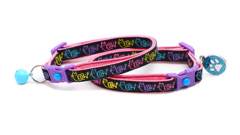 Meow Cat Collar - Colorful Meow on Black - Breakaway Cat Collar ...