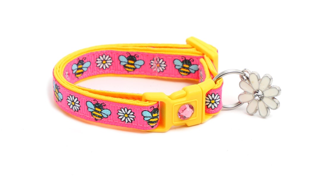 Honey Bee Cat Collar - Flowers & Bees on Pink - Small Cat / Kitten Size ...