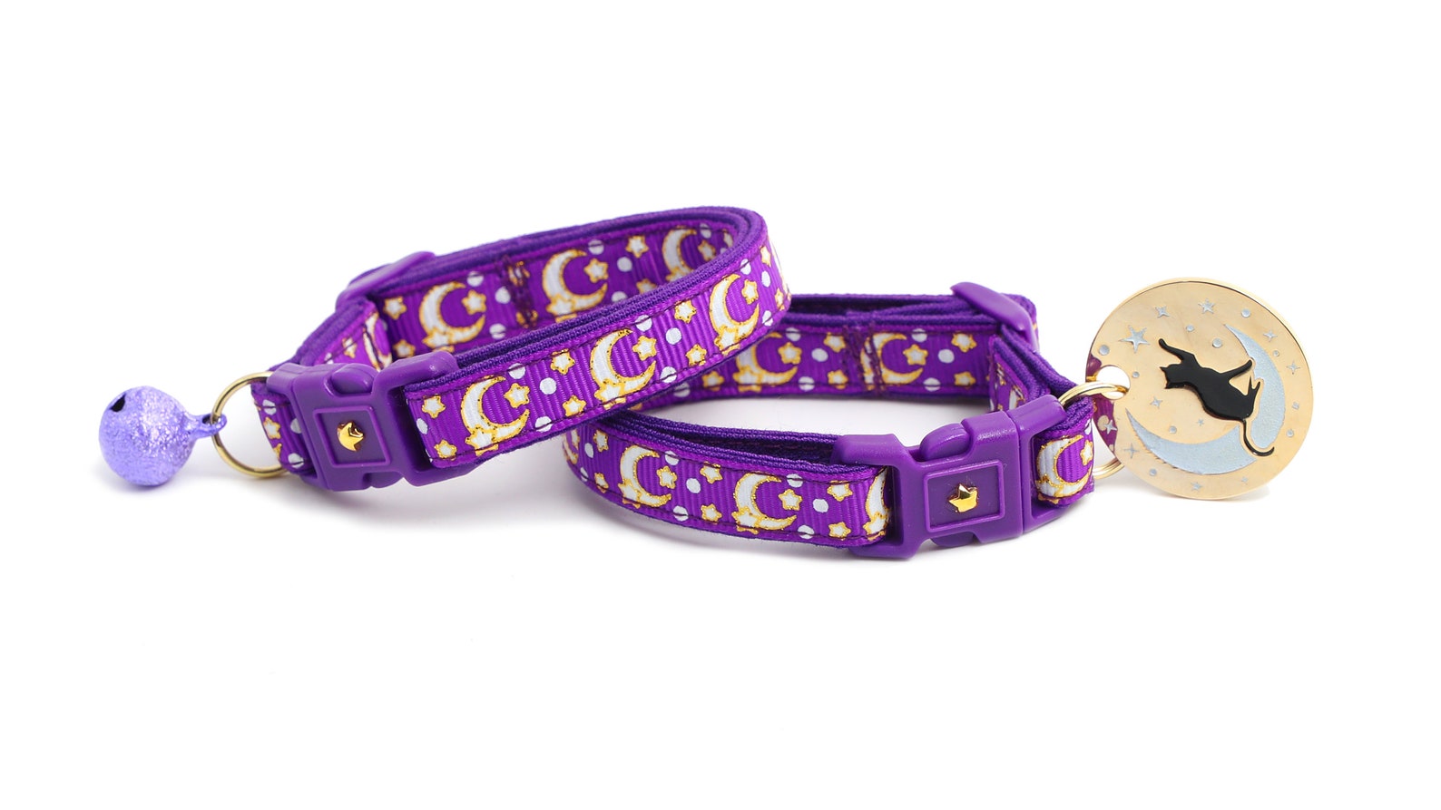 Moon Cat Collar Gold Moons and Stars on Purple Breakaway - Etsy