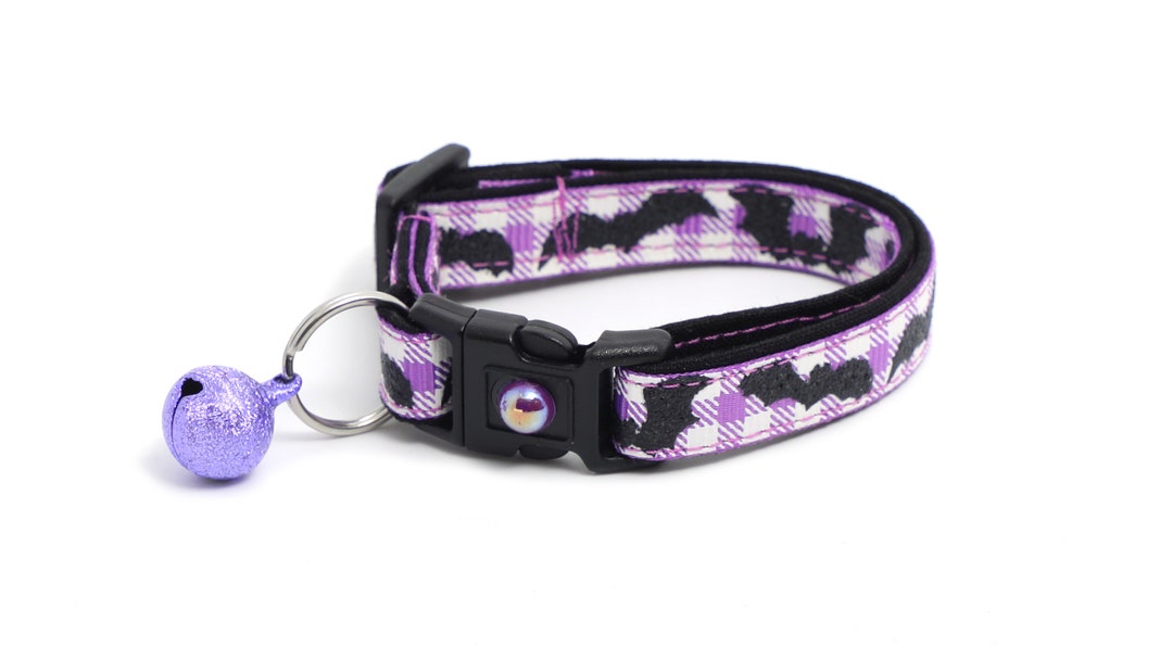 Halloween Cat Collar - Glitter Bats on Purple Plaid - Kitten or Large ...