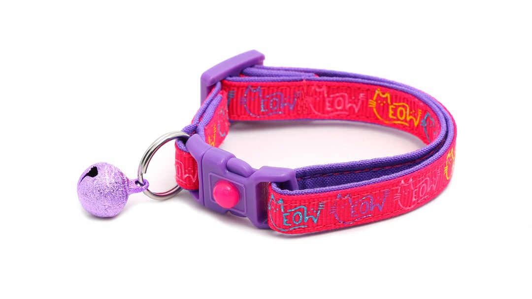 Meow Cat Collar - Colorful Meow on Pink - Breakaway Cat Collar - Kitten ...