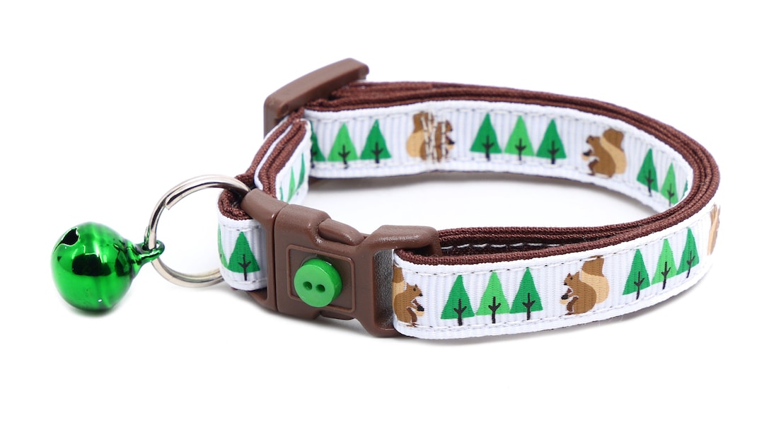Woodland Cat Collar - Squirrels and Trees on White- Small Cat / Kitten ...