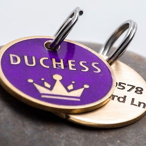 Engraved Crown Pet ID Tag - Cat or Dog Royal Purple and Gold Name Tag ...