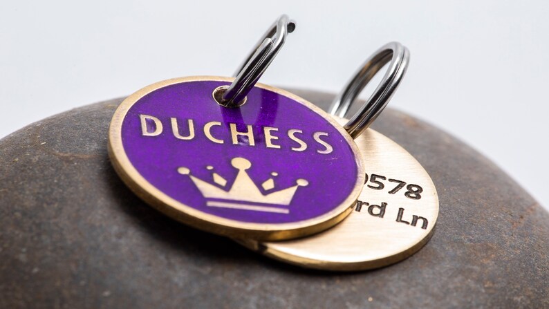 Engraved Crown Pet ID Tag - Cat or Dog Royal Purple and Gold Name Tag ...
