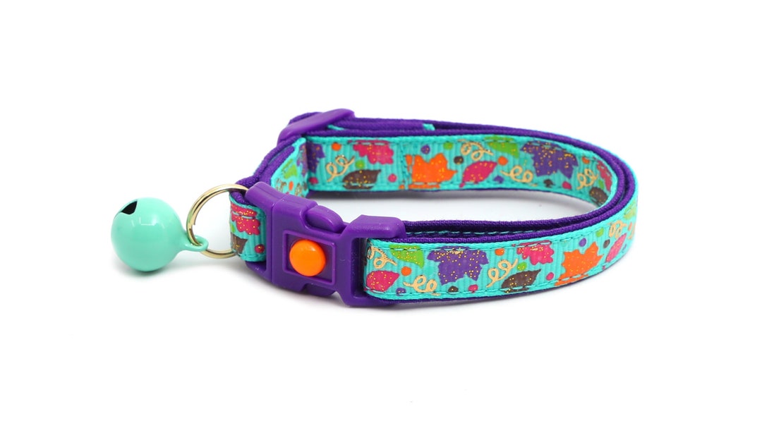 Fall Cat Collar - Fancy Fall Leaves on Aqua - Small Cat/ Kitten Size or ...