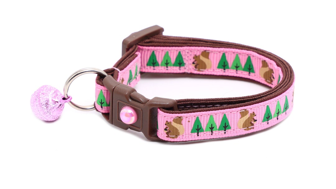 Woodland Cat Collar - Squirrels and Trees on Pink- Safety Breakaway ...