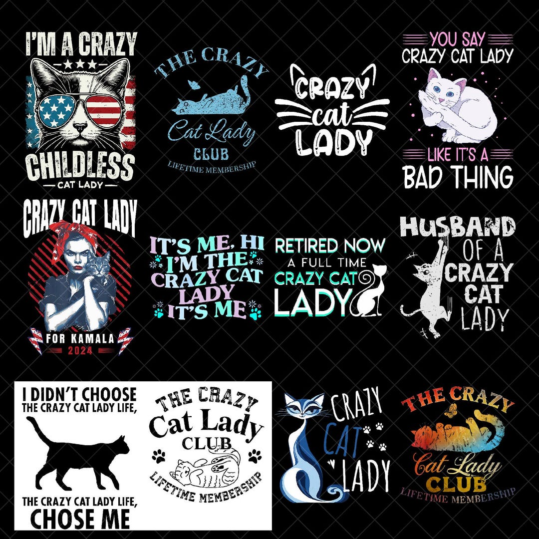 Crazy Cat Lady PNG Bundle, A Fun and Adorable Kittens With Paw Prints ...