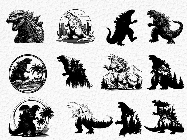 Godzilla Silhouette SVG PNG Bundle, Monster Kaiju Clipart, Giant Lizard ...
