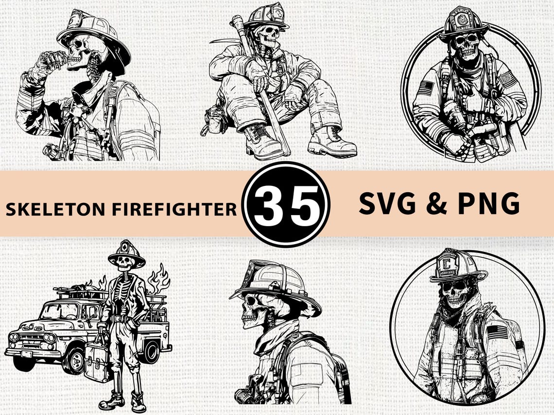 Skeleton Firefighter Silhouette SVG PNG Bundle, Halloween Clipart ...