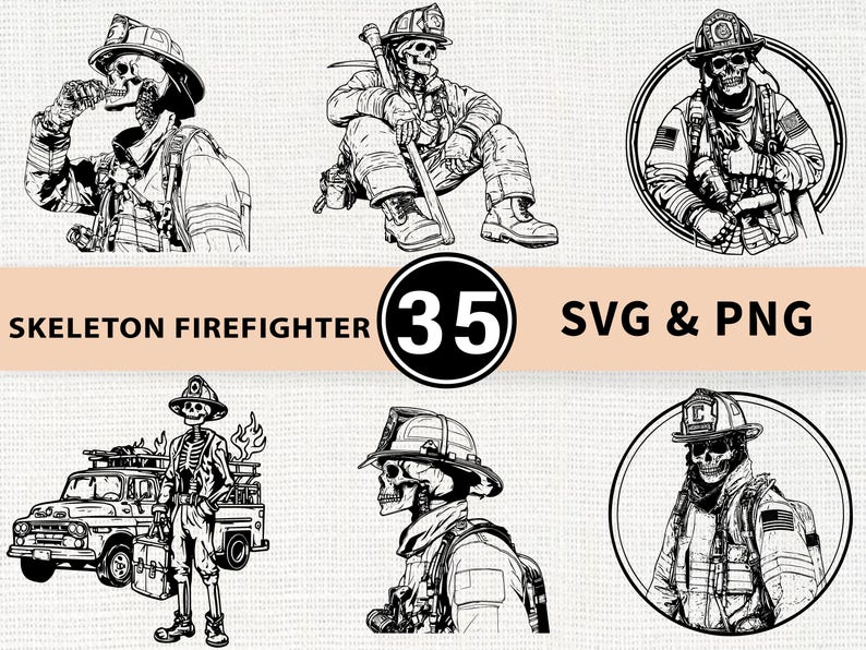 Skeleton Firefighter Silhouette SVG PNG Bundle, Halloween Clipart ...