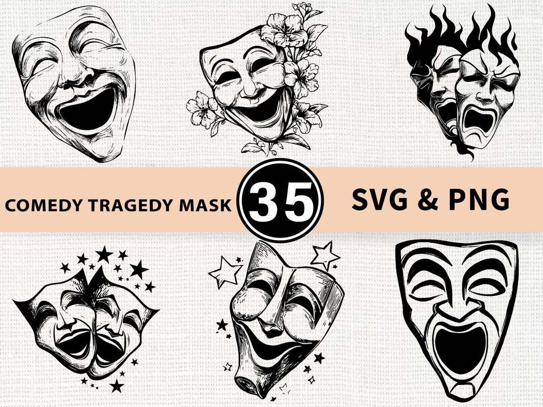 Comedy Tragedy Mask Silhouette SVG PNG Bundle, Theatre Drama Clipart ...