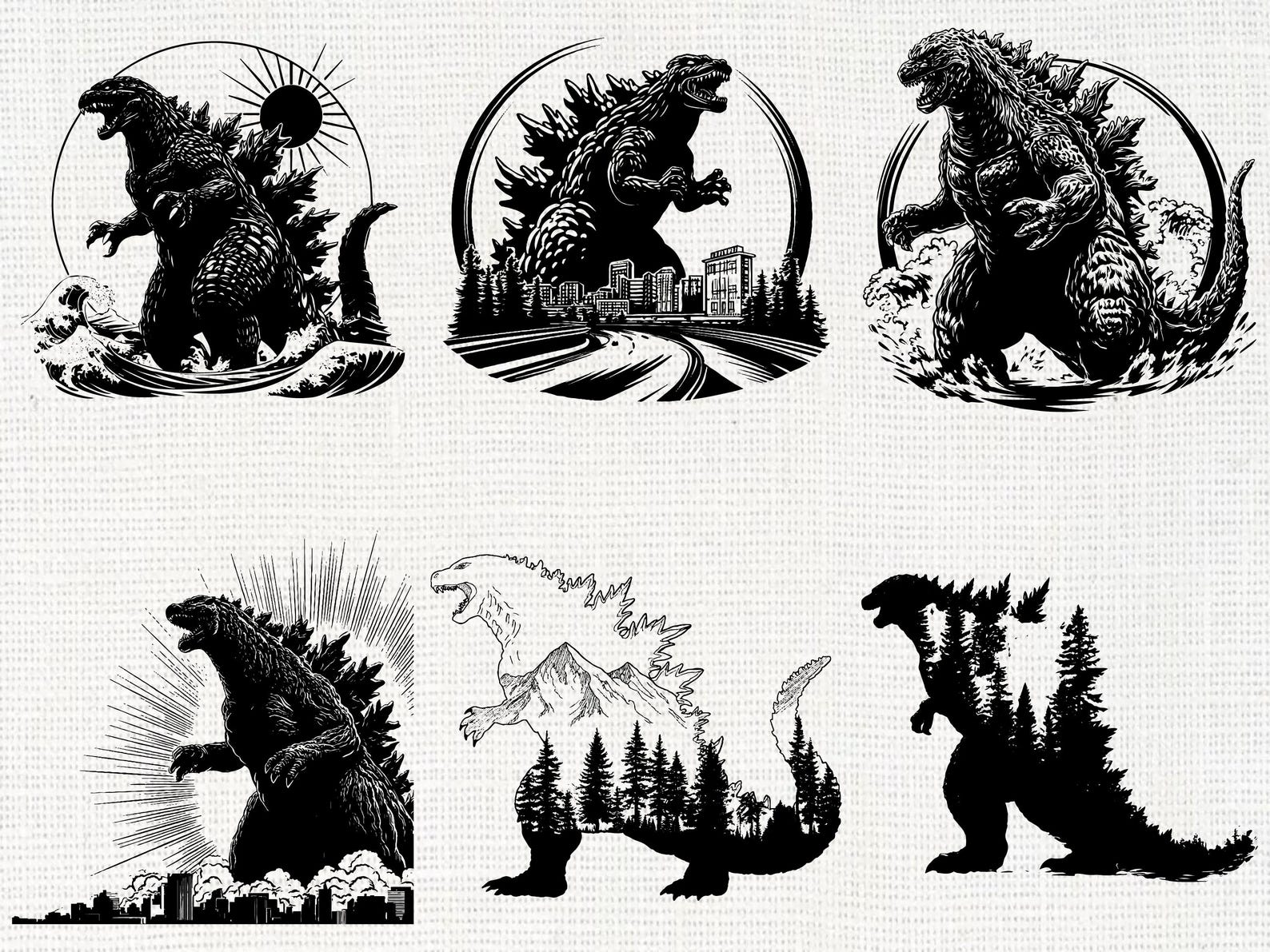 Godzilla Silhouette SVG PNG Bundle, Monster Kaiju Clipart, Giant Lizard ...