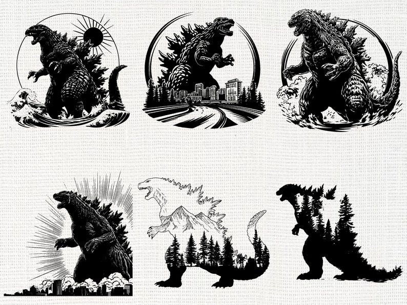 Godzilla Silhouette SVG PNG Bundle, Monster Kaiju Clipart, Giant Lizard ...