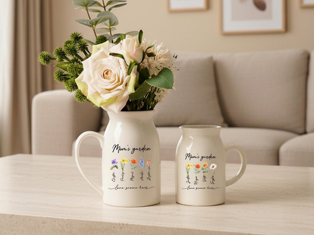Personalized Birth Flower Ceramic Vase, Custom Nanny's Vase, Grandma ...