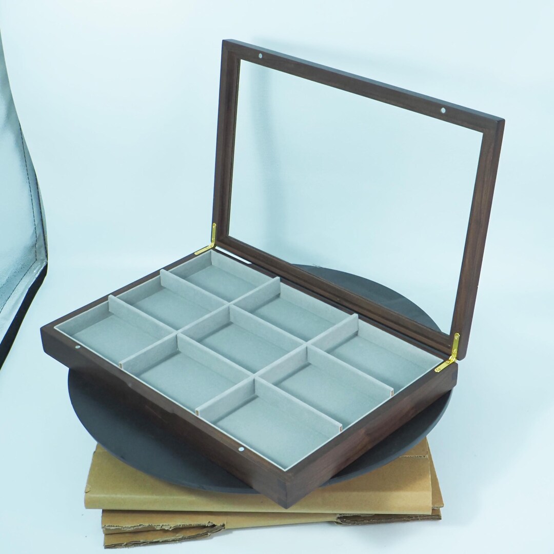 Black Walnut Jewelry Box With Glass Lid, 9-compartment Storage for ...