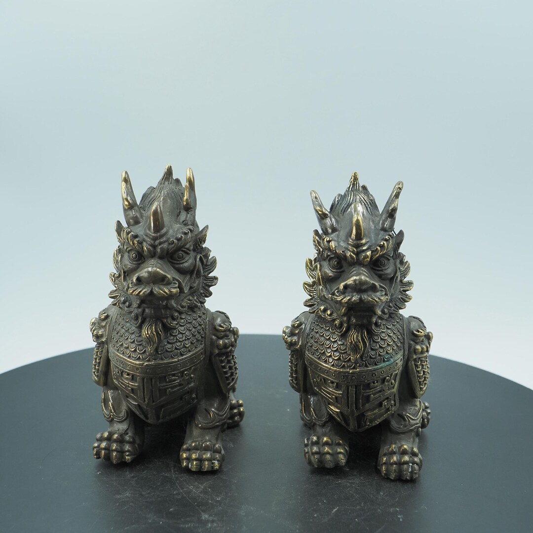 Pair of Pure Brass Armor-clad Kylin Statues, Feng Shui Doorway ...