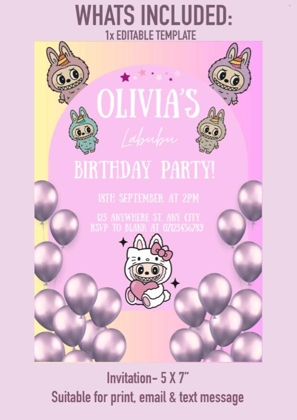 Labubu Birthday Invitation, Labubu Editable Template, Labubu Birthday ...
