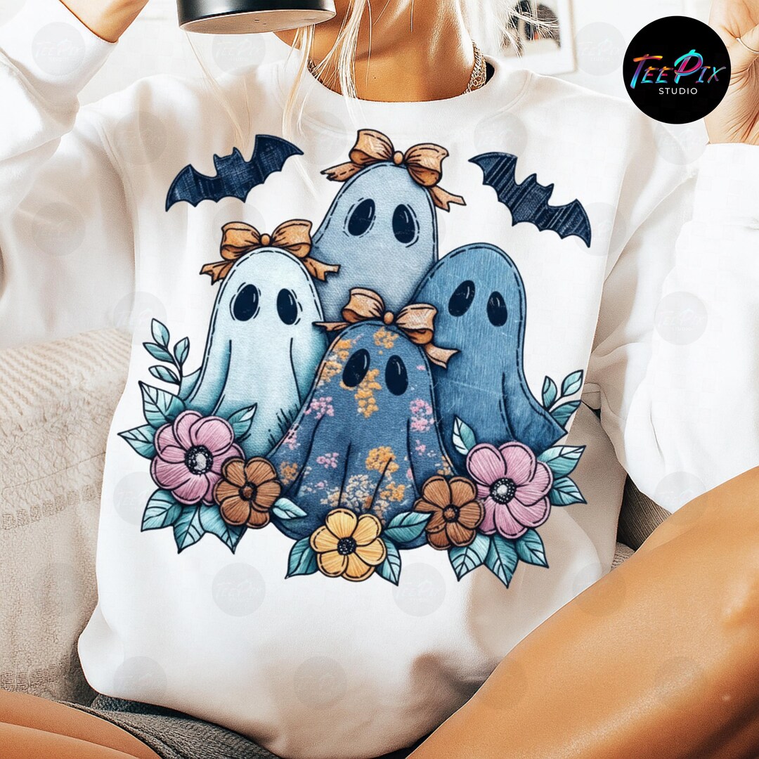 Retro Halloween Blue Denim Ghost Png, Trendy Patchwork Spooky Ghost Png ...