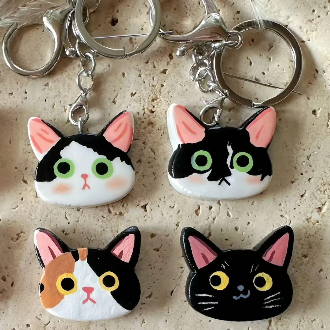 Custom Cat Face Keychain – Handmade Stone Clay Fridge Magnet, Brooch - Etsy