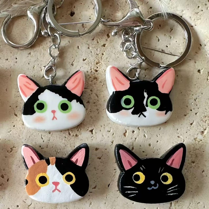 Custom Cat Face Keychain – Handmade Stone Clay Fridge Magnet, Brooch - Etsy