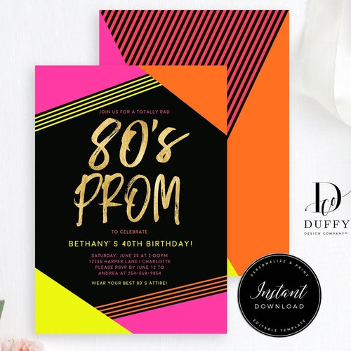 80's Prom Birthday Invitation Template 80s Themed Neon - Etsy