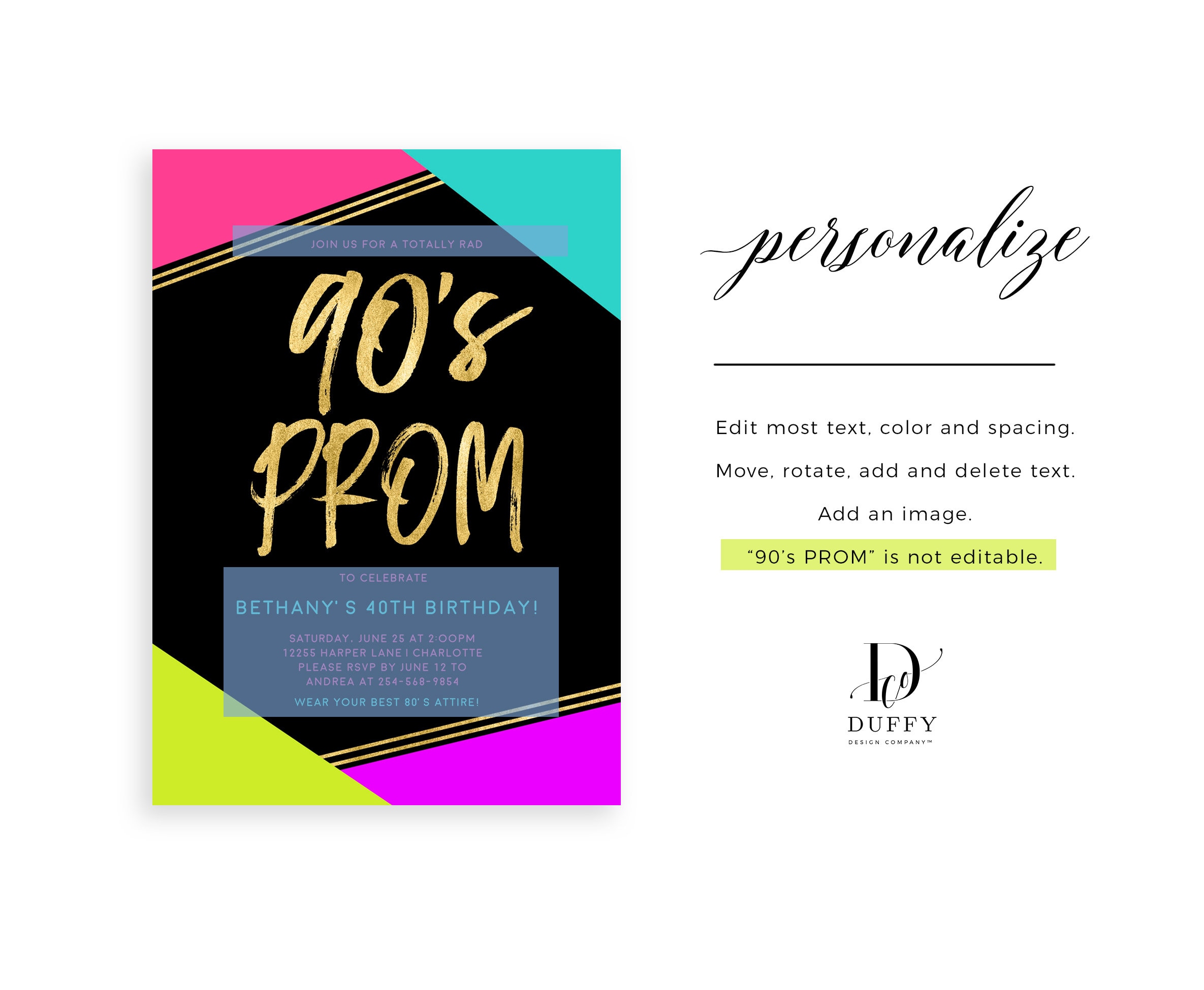 90's PROM Birthday Invitation Template 90s Themed Neon | Etsy