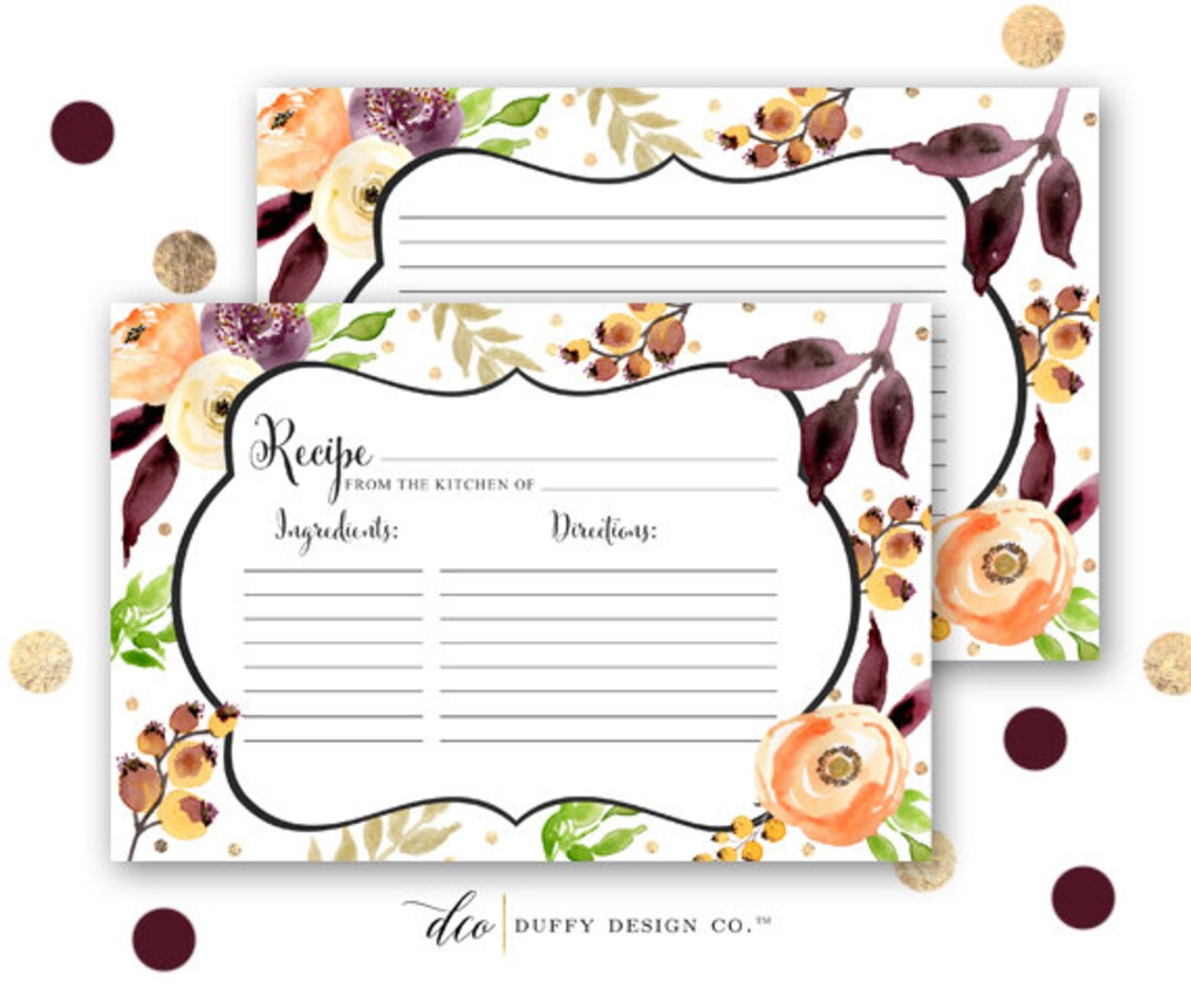 Recipe Card, Black Gold Recipe Card, Printable Recipe Card, Bridal ...
