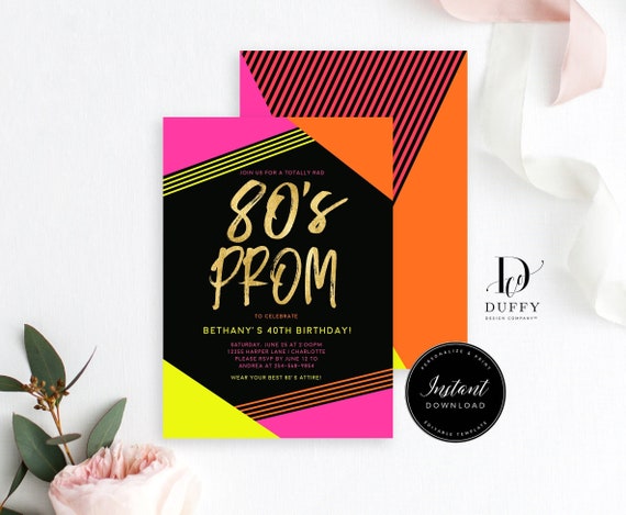 80's Prom Birthday Invitation Template 80s Themed Neon | Etsy