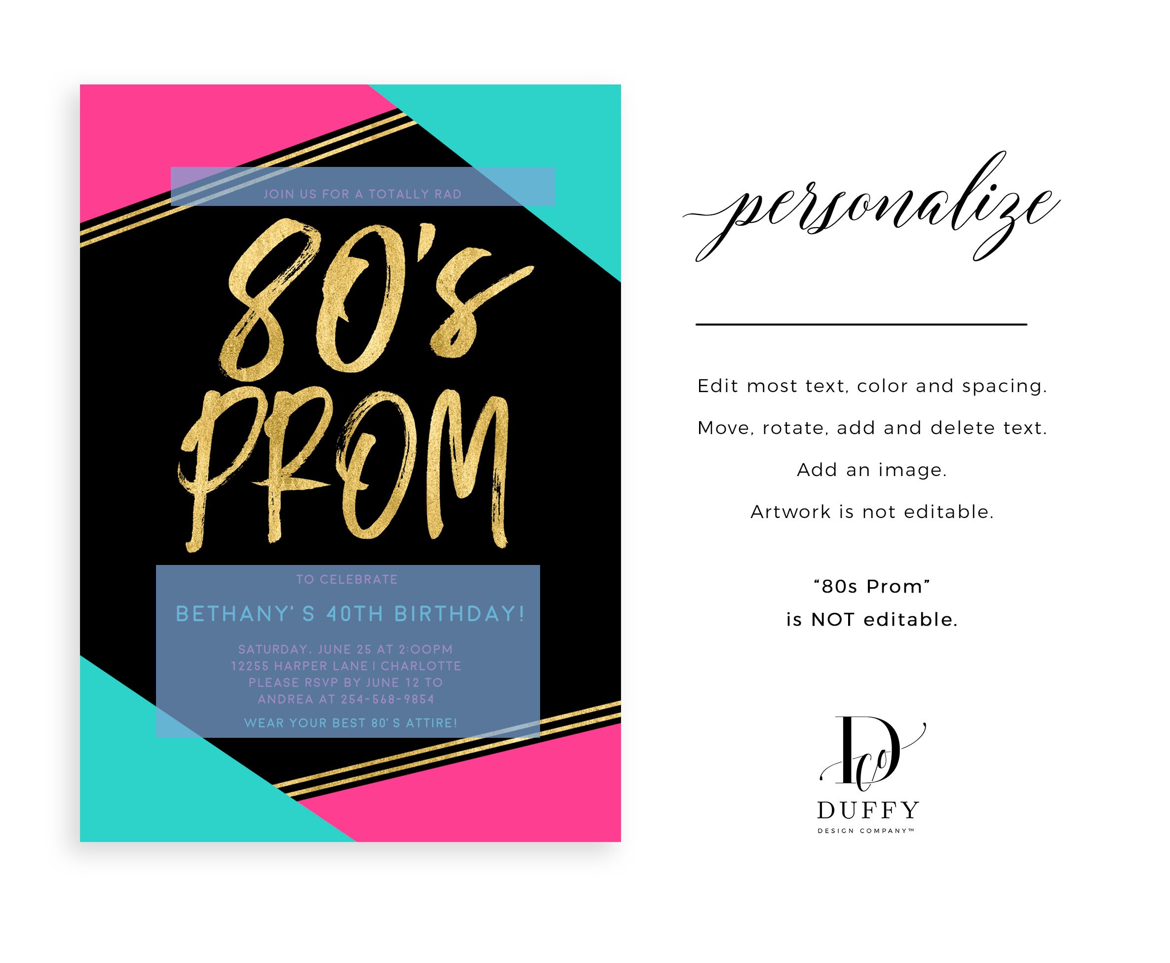 80's Prom Birthday Invitation Template, 80s Themed Neon Party ...