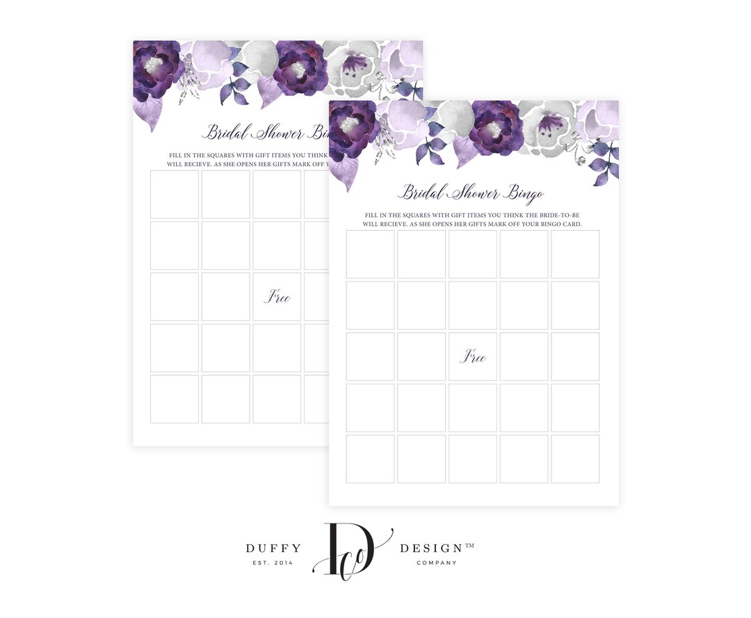 Purple Bridal Shower Bingo Card, Floral Bridal Shower Bingo, Printable ...