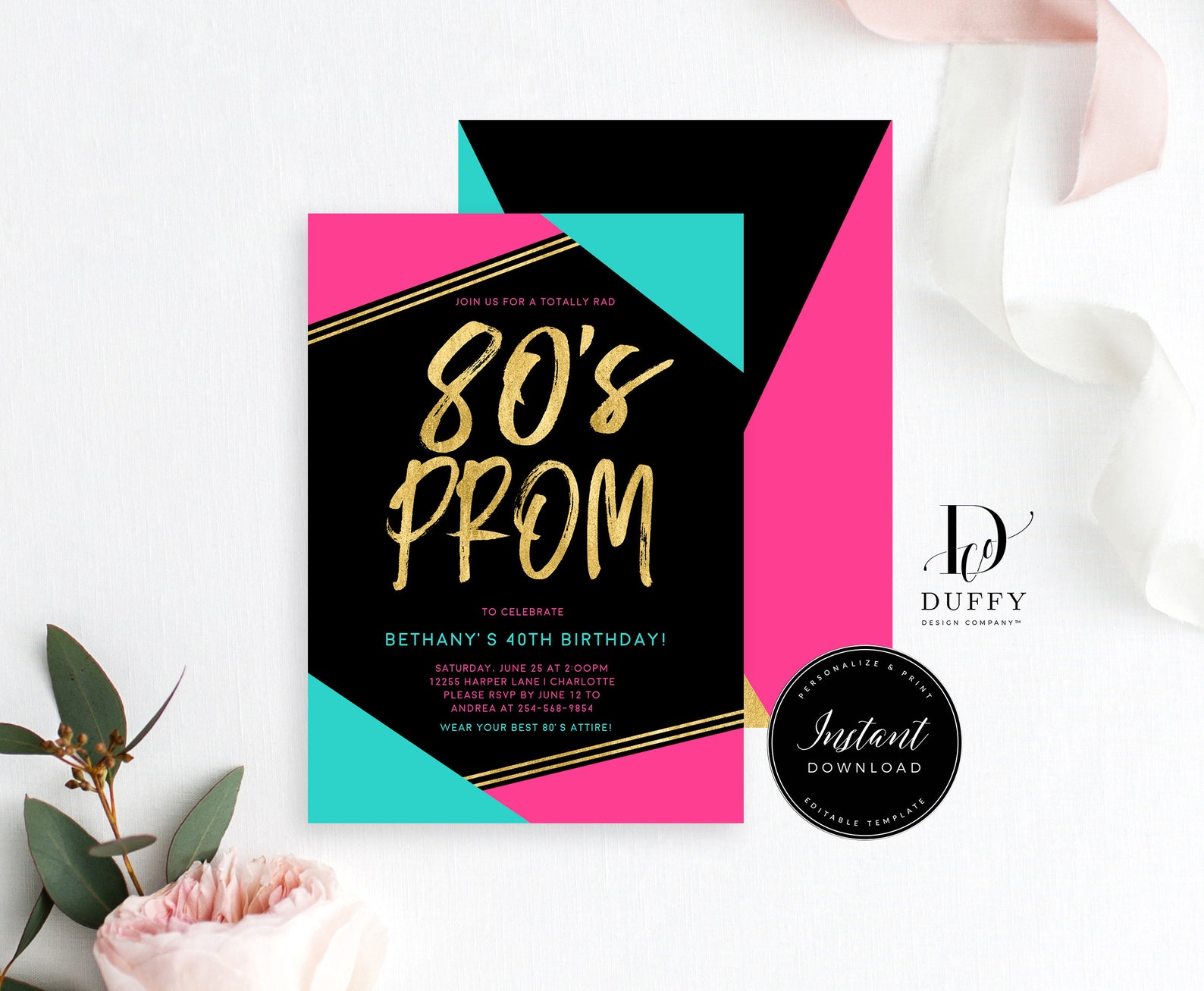 80's Prom Birthday Invitation Template 80s Themed Neon - Etsy