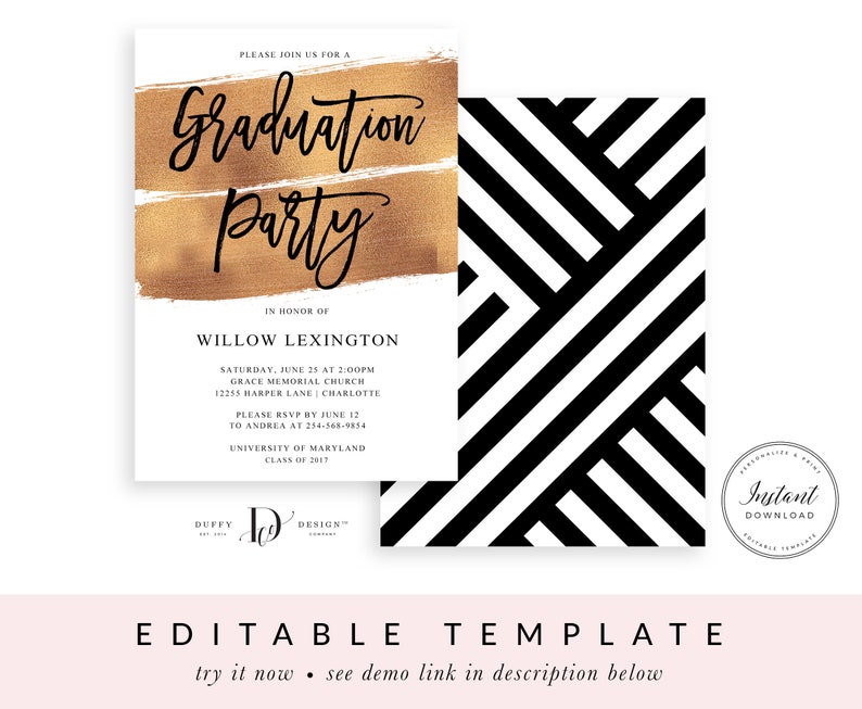 Gold Graduation Party Invitation Template, College Graduation Invite ...