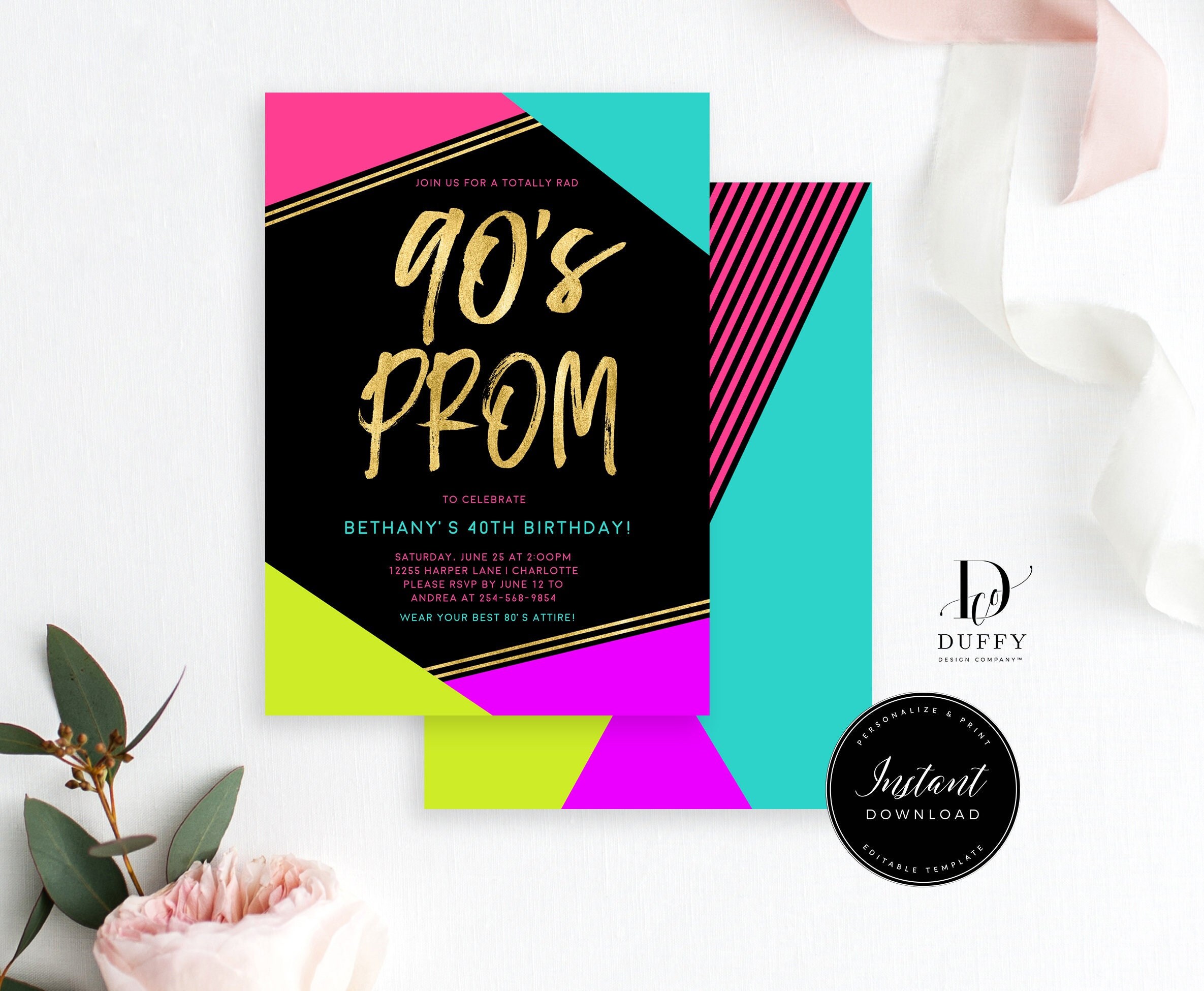 90's PROM Birthday Invitation Template 90s Themed Neon | Etsy