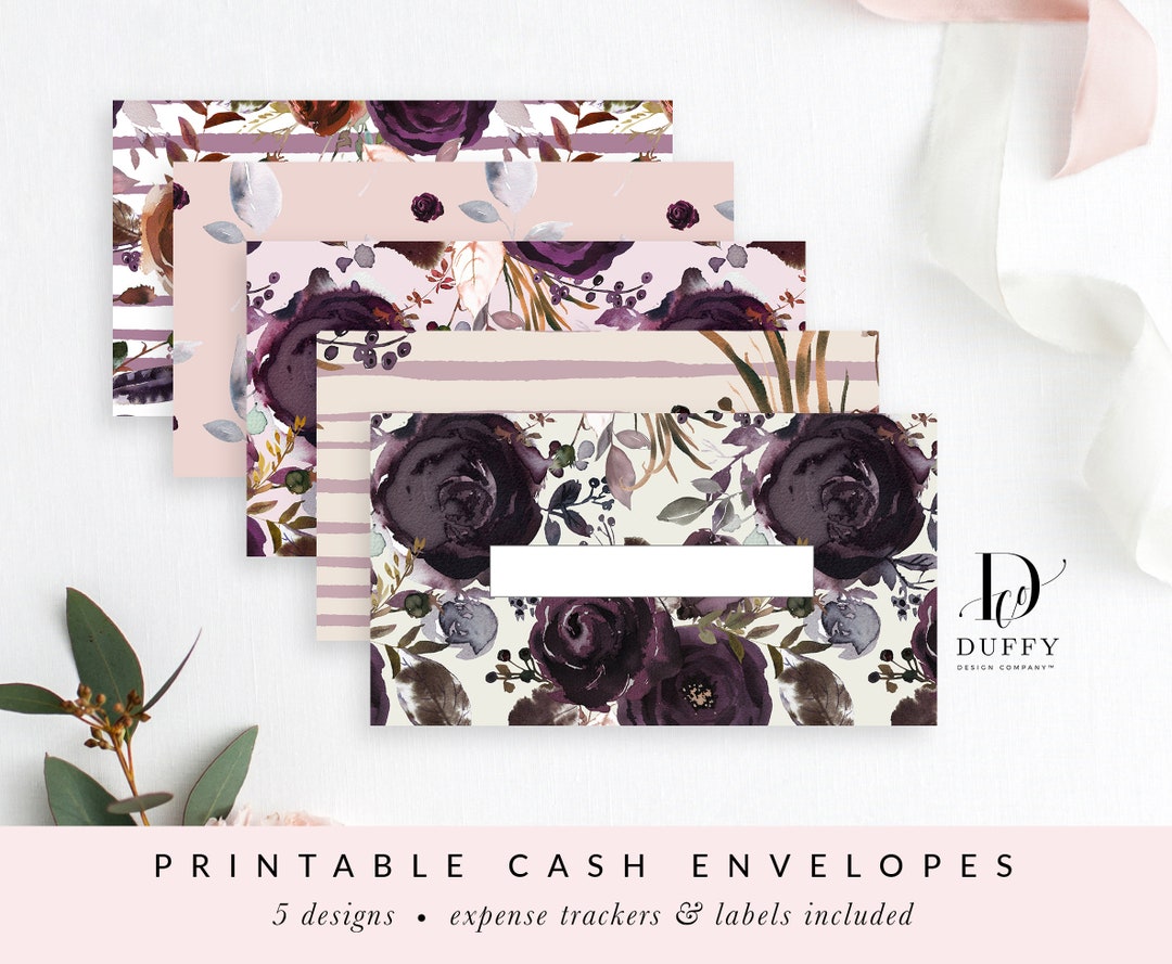 Purple Floral Cash Envelopes With Transaction Tracker, Cash Envelope ...