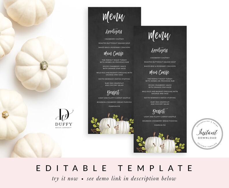 Pumpkin Thanksgiving Menu Editable Template, Fall Wedding Menu Card ...