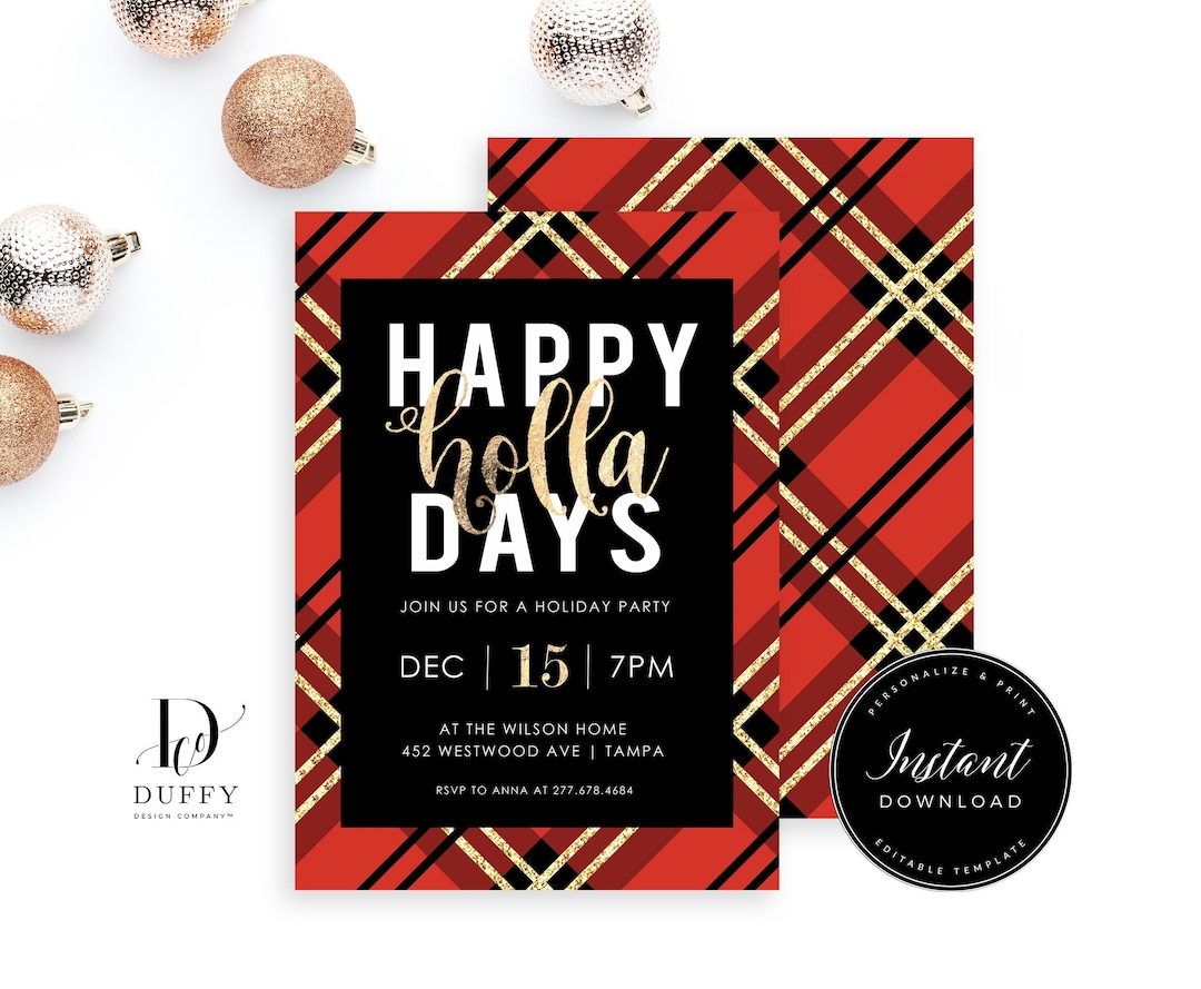 Plaid Christmas Party Invitation Template, Red and Gold (digital ...