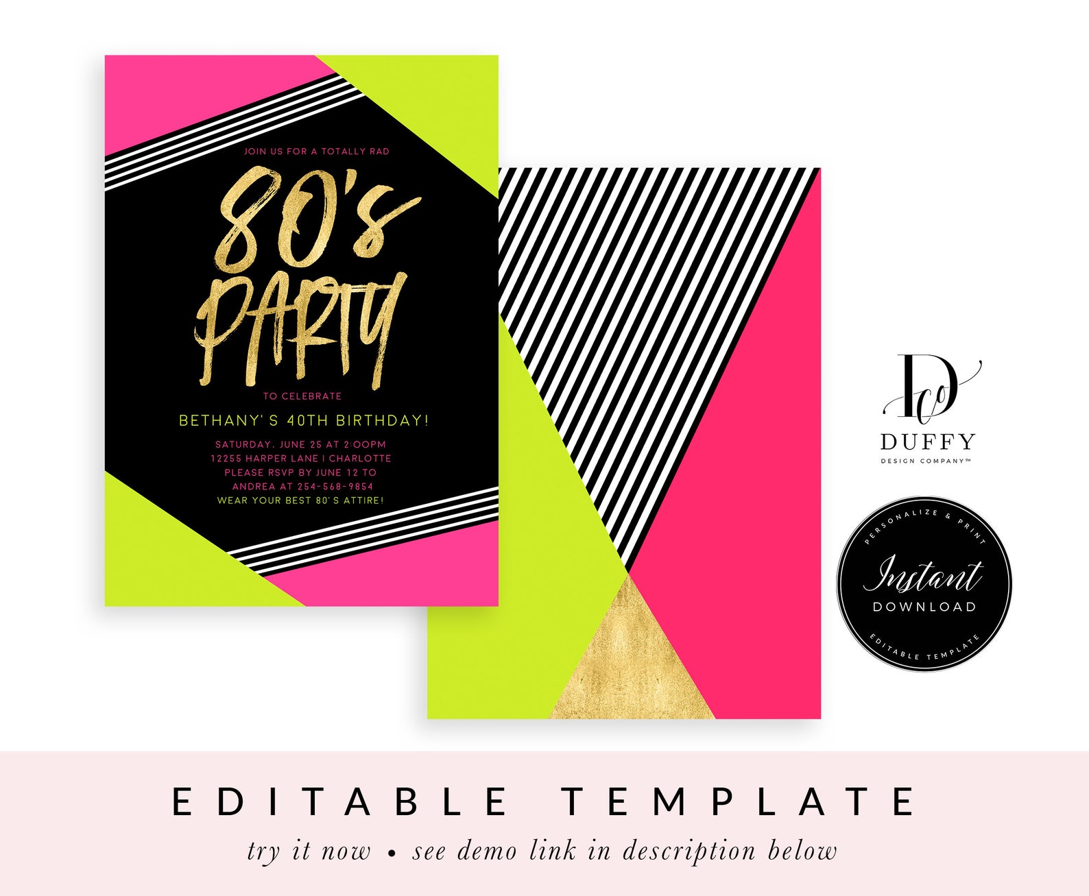 80's Birthday Invitation Template, 80s Themed Neon Party Invitations ...