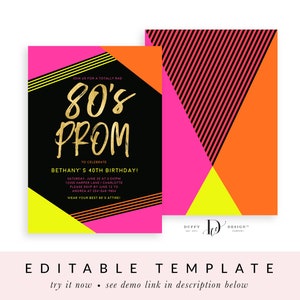 80's Prom Birthday Invitation Template, 80s Themed Neon Party ...