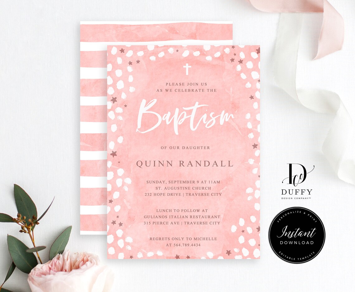 Girl Baptism Invitation Template, Editable Baptism Invite, Christening ...