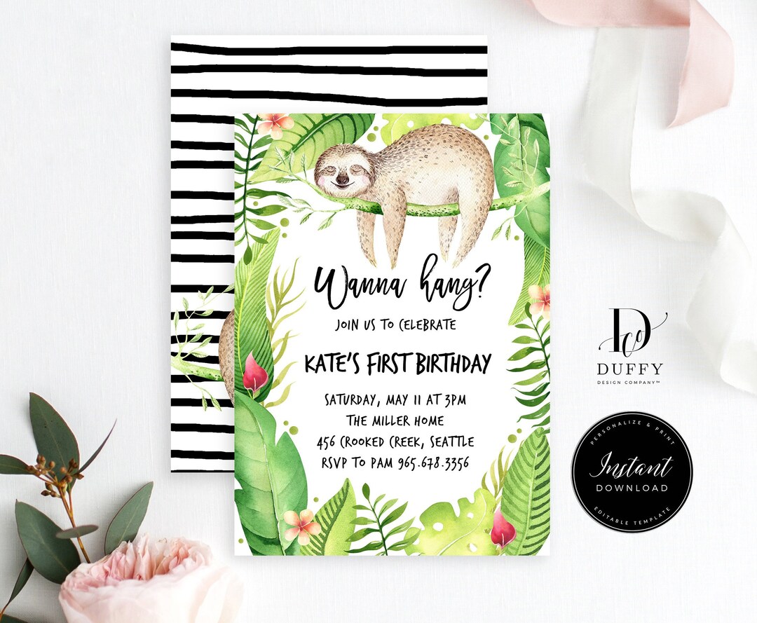 Sloth Birthday Invitation, Jungle Birthday Party Invitation, Editable ...