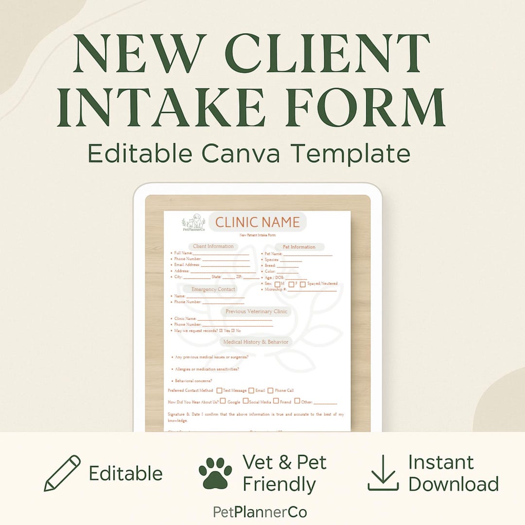 Editable New Client Intake Form for Veterinary Clinics | Pet Info PDF ...