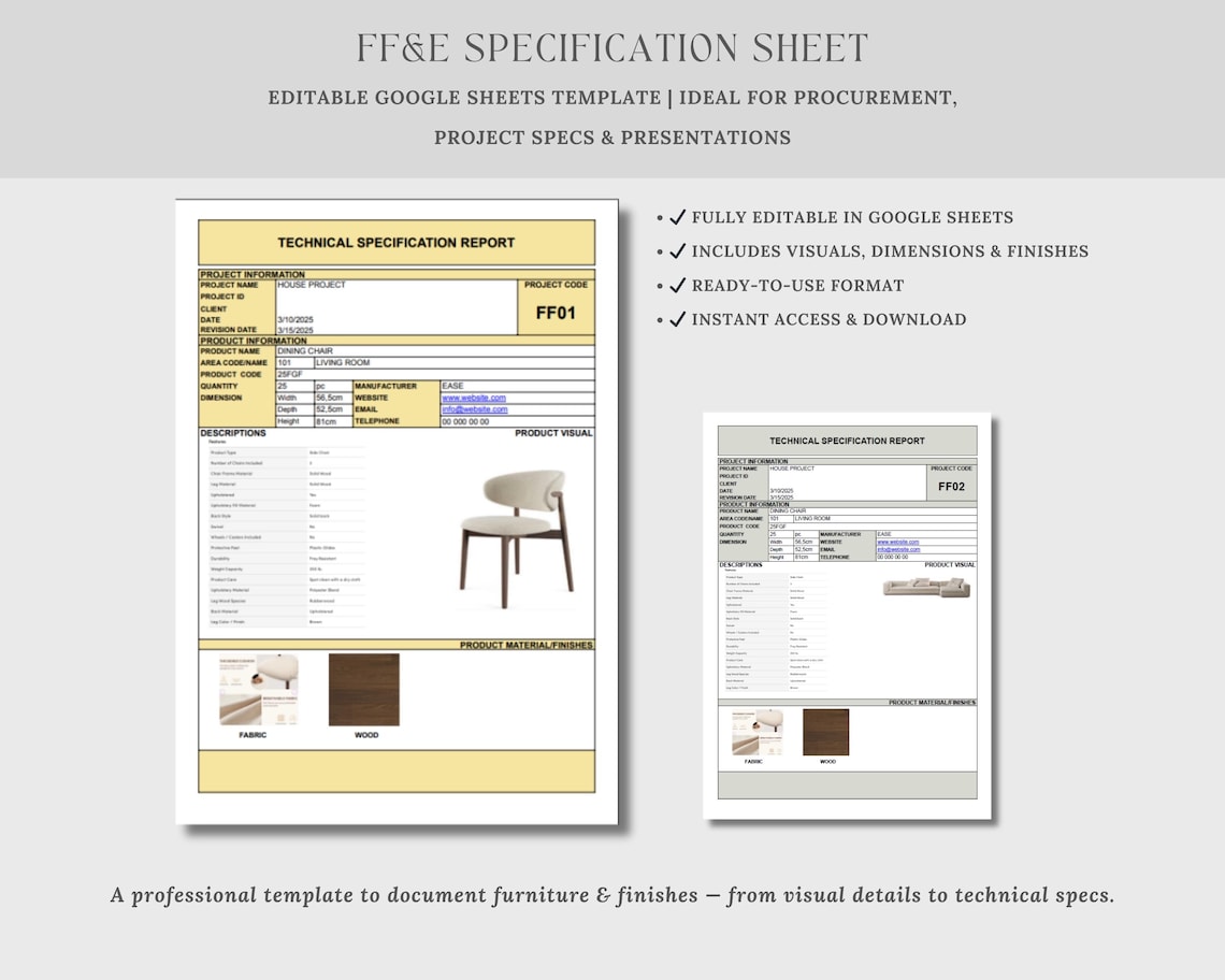 FF&E Specification Sheet – Editable Google Sheets Template for Interior ...