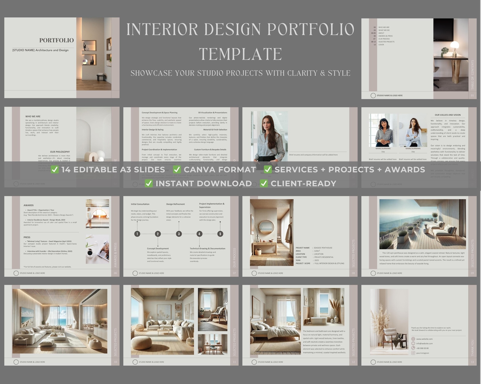 Canva Portfolio Template for Interior Designers – A3 Horizontal Layout ...