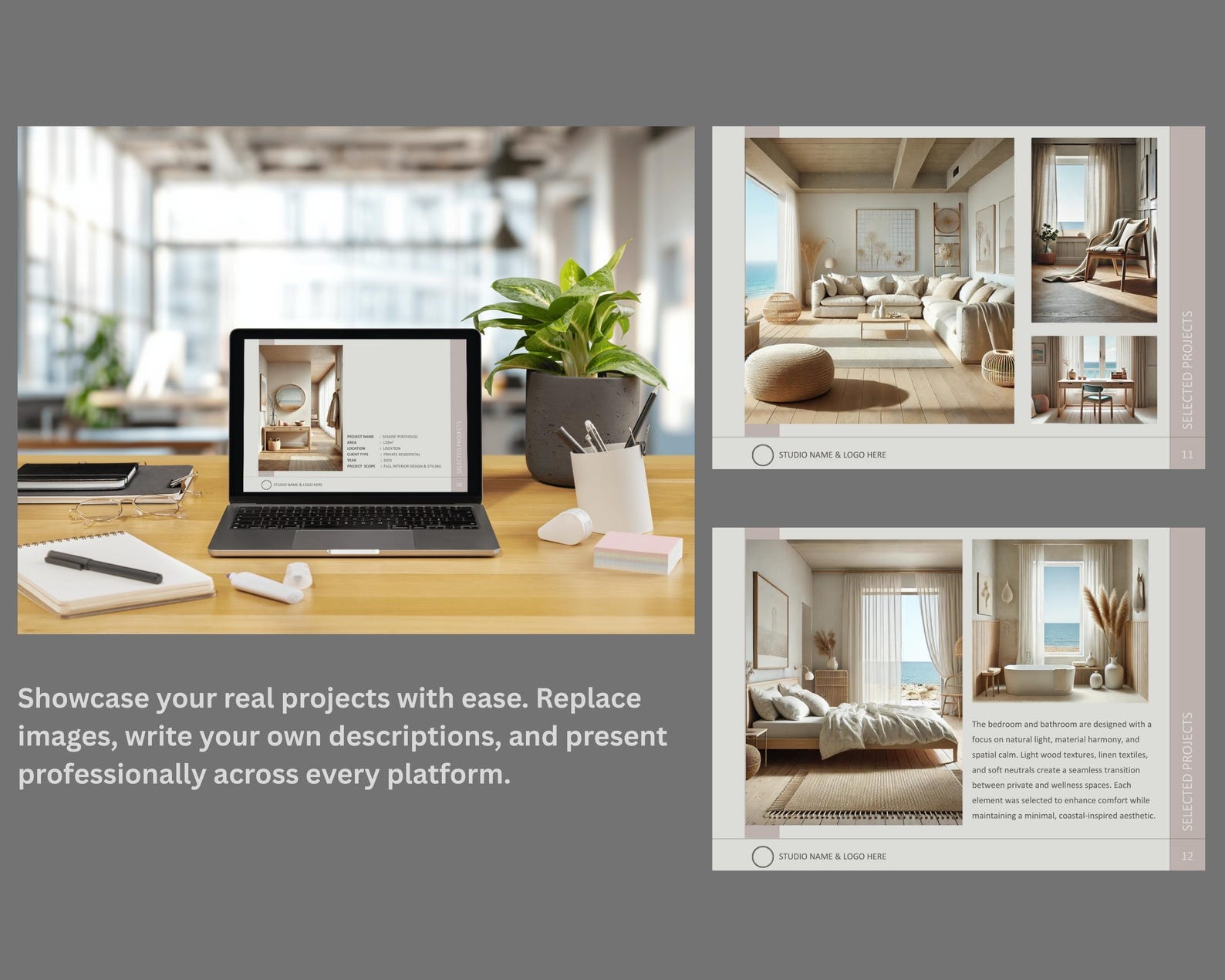 Canva Portfolio Template for Interior Designers – A3 Horizontal Layout ...