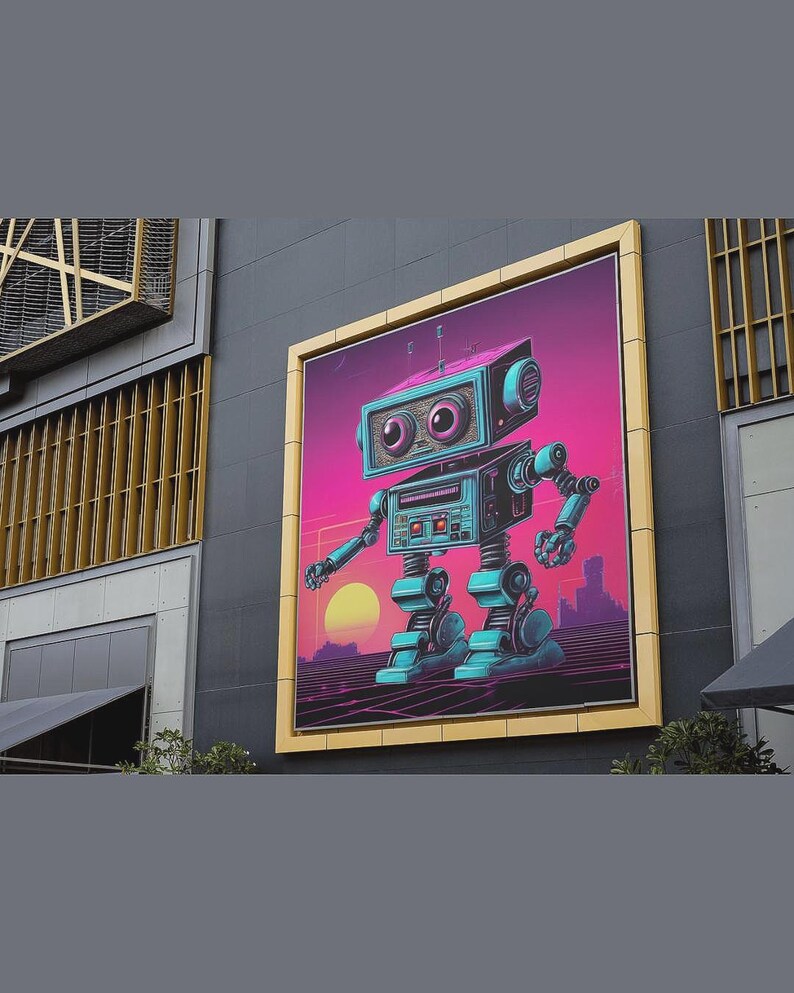 Retro Synthwave Poster | Digital Wall Art | Robot Sunset Design | 80s ...